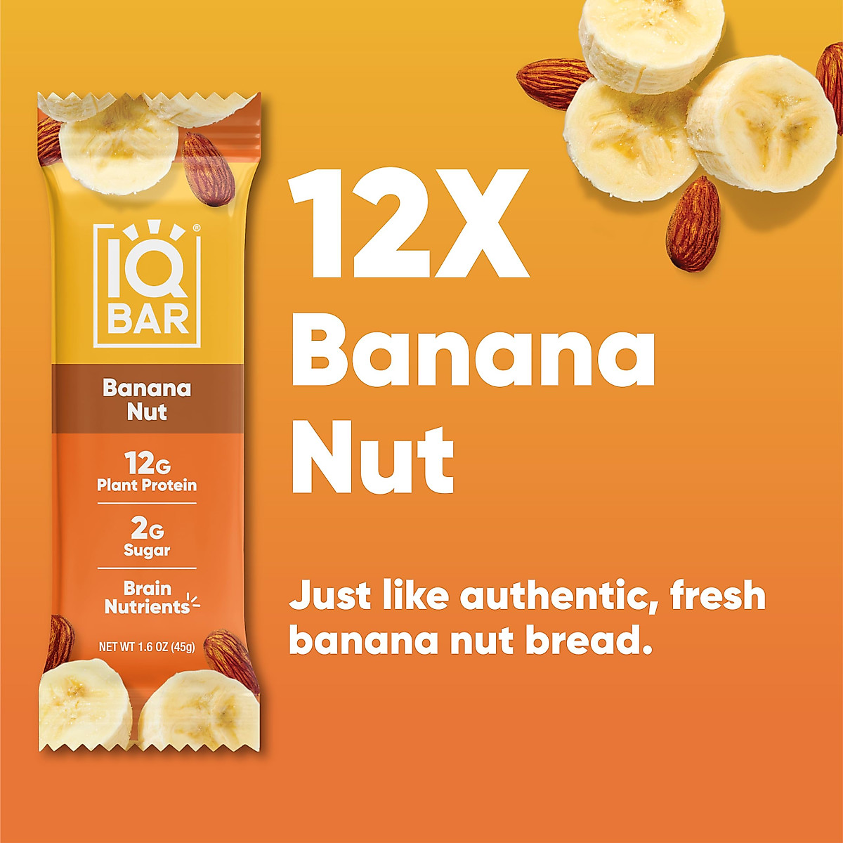 IQBAR Brain and Body Plant Protein Bars - Banana Nut - 12-Count Low Carb - Gluten Free, High Fiber, Vegan Snacks - Low Sugar Meal Replacement