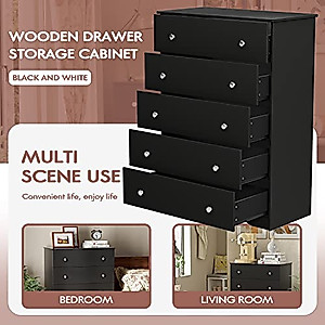 YESHOMY Modern Dresser with 5 Drawers, Wide Chest Storage Tower and Clothes Organizer Unit for Bedroom, Living Room, Hallway, Dormitory, Black