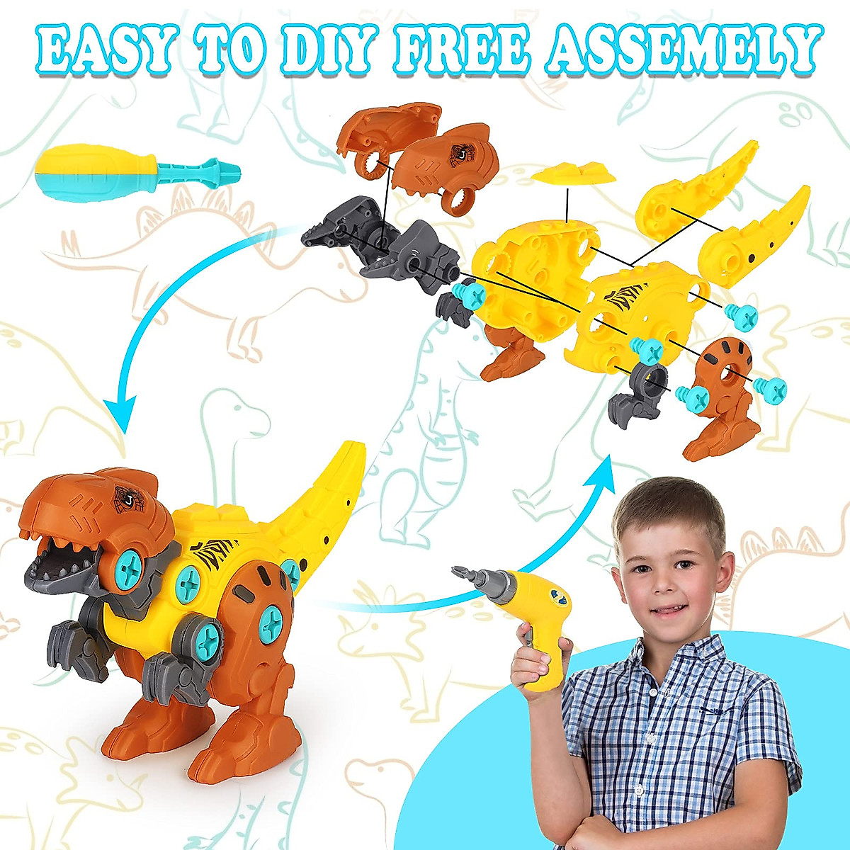Elitoky Dinosaur Toys, Take Apart Dinosaur Toys for Kids, Educational Construction Building Sets with Electric Drill Storage Box - Birthday Gifts for Toddlers Boys Girls Age 3 4 5 6 7 8 Year Old