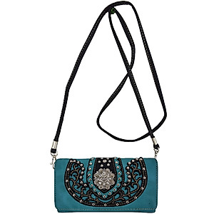 Western Style Rhinestone Concho West Concealed Carry Purse Country Handbag Women Shoulder Bag Wallet Set (Turquoise Set)