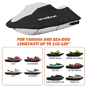 NEVERLAND Jet Ski Cover, Jetski Covers Suitable for 2 3 Seater Heavy Duty Waterproof 210D with 2 Air Vent Marine Grade UV Resistant Compatible with Yamaha Sea-Doo Kawasaki Lengths 115'' to 120"