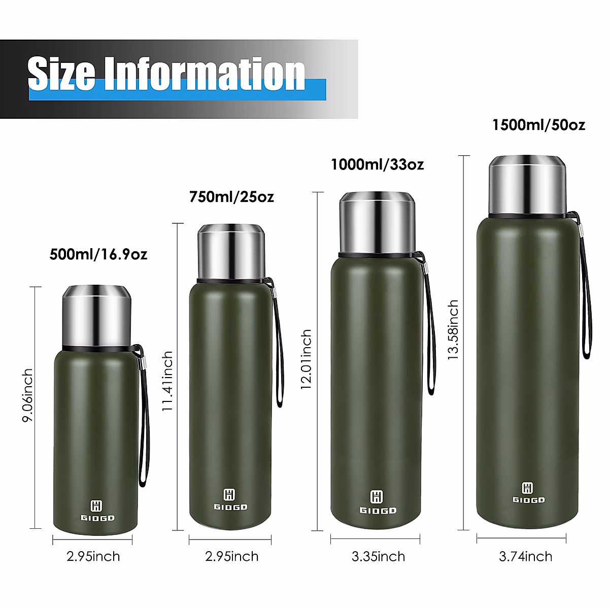 Insulated vacuum Thermo Bottle 500ml/16.9oz with cup Stainless steel coffee bottles for hot and cold drink water flask.(Green,500ml)