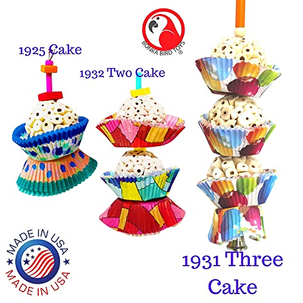Bonka Bird Toys 1931 Three Cake Colorful Shredding Foraging Treat Natural Sola Conures Cockatiels Parakeets and Other Similar Birds