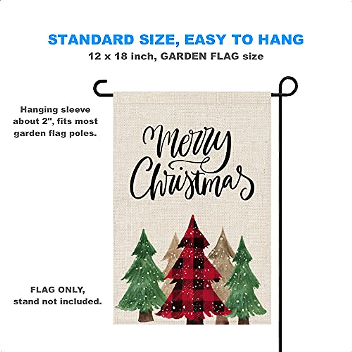 Merry Christmas Garden Flag Buffalo Plaid Tree 12x18 Double Sided, Rustic Xmas Farmhouse Seasonal Holiday Small Mini Burlap Yard Flag for Outside Outdoor Decoration
