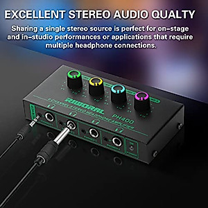 Riworal 4 Channels Headphone Amplifier with 1/4" and 1/8" TRS Jack Input for Dj Mixer Headphone Mixer Amps Headphone Splitter with Separate Volume Control Output for Speaker Or Monitor Headphone