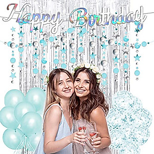 Turquoise Birthday Party Decoration - Sliver Happy Birthday Banner, Turquoise Glitter Circle Dot Garland Streamer, Sliver Fringe Curtain, Blue and Turquoise Balloons, Blue Birthday Party Decorations for Women and Men Birthday Party