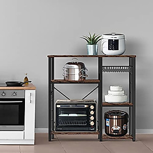 AZL1 Life Concept Industrial Kitchen Rack, Coffee Bar, Microwave Stand Metal Frame, Wire Basket 5 Hooks Mini Oven, Spices Utensils, Simple Assembly, 35.4inch, Rustic Brown