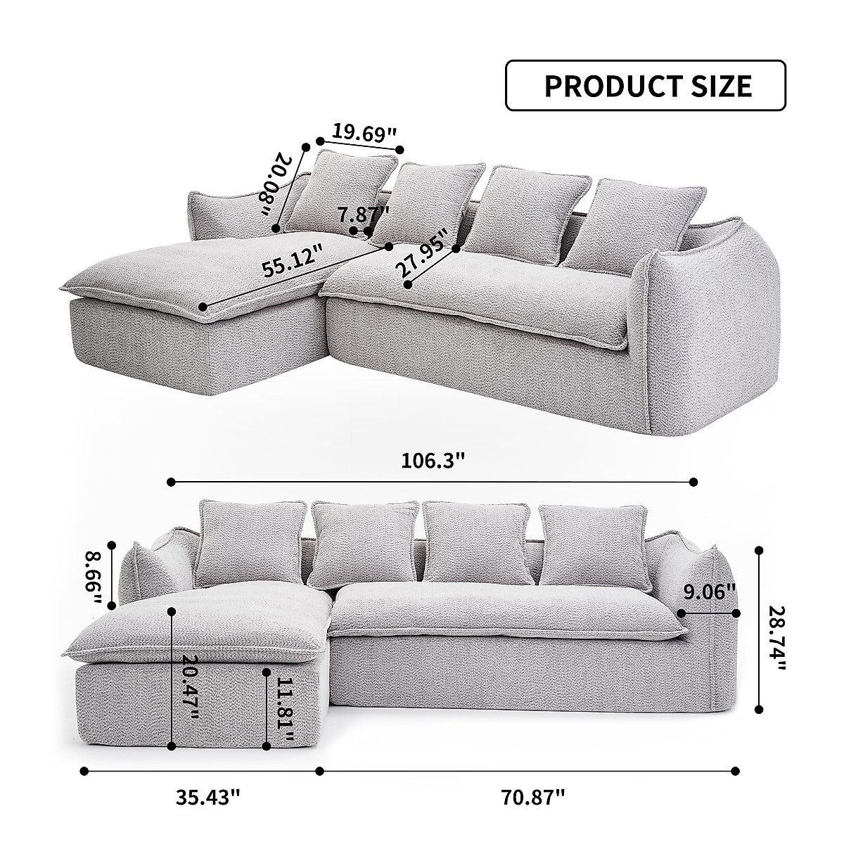 L Shape Modular Sofa Couch, Deep Seat Cloud Couch, No Assembly Required Sofa Set, Crocheting Chenille Fabric, 3-Seater Comfy Cloud Couches for Living Room Apartment Office-Grey