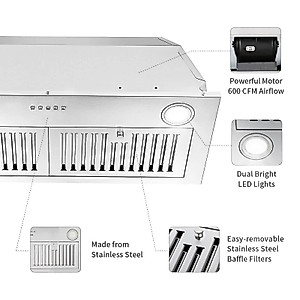 Zomagas Range Hood Insert 30 inch,Stainless Steel Kitchen Vent Hood 600CFM,Built-in Kitchen Stove Hood w/Front Button Controls and Front LED Lights,Baffle Filters,Ducted/ductless Convertible Duct
