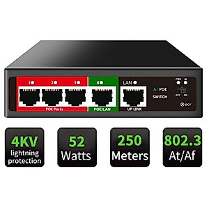 STEAMEMO 5 Port AI PoE Switch (4 POE Ports +1 Uplink), 802.3af/at PoE 100Mbps, 52W Built-in Power, Extend to 250Meter, Unmanaged Metal Plug and Play