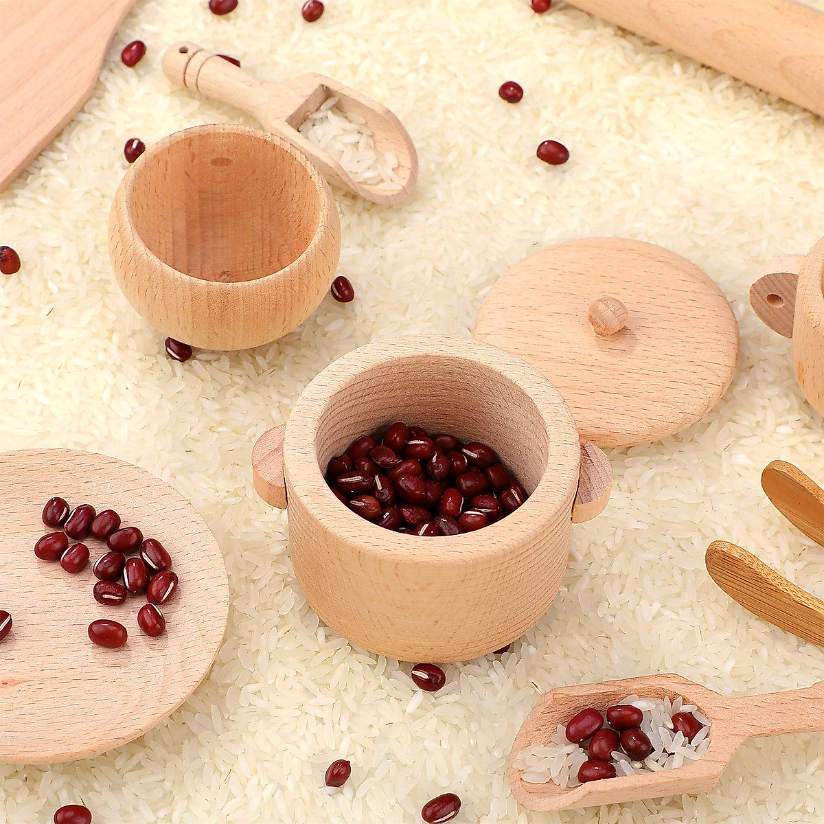 9 Pieces Sensory Bin Tools Montessori Toys Dish Toys Mini Wooden Scoops and Wooden Tongs for Fine Motor Learning
