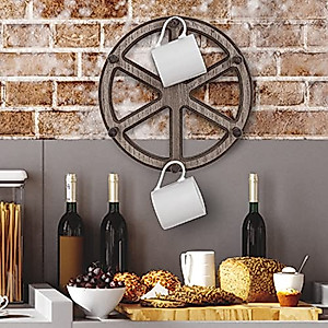 MyGift Wall Mounted Coffee Mug Holder Rack with Helm Shaped Design, Brown Solid Wood Hanging Cup Storage Rack with 6 Hooks