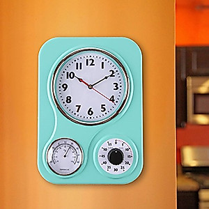 Lily's Home Retro Kitchen Wall Clock, with a Thermometer and 60-Minute Timer, Ideal for Any Kitchen, Turquoise (9.5 in x 13.3 in)