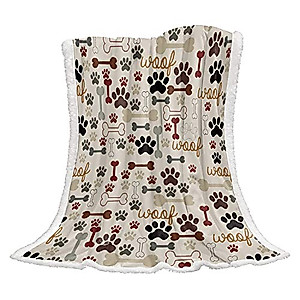 CHARMHOME Fluffy and Soft Plush Sherpa Fleece and Coral Reversible Blanket 59"x79",Cartoon Dog Footprints and Bones Throw Blanket for Children and Adult,Machine Washable Non-Shedding