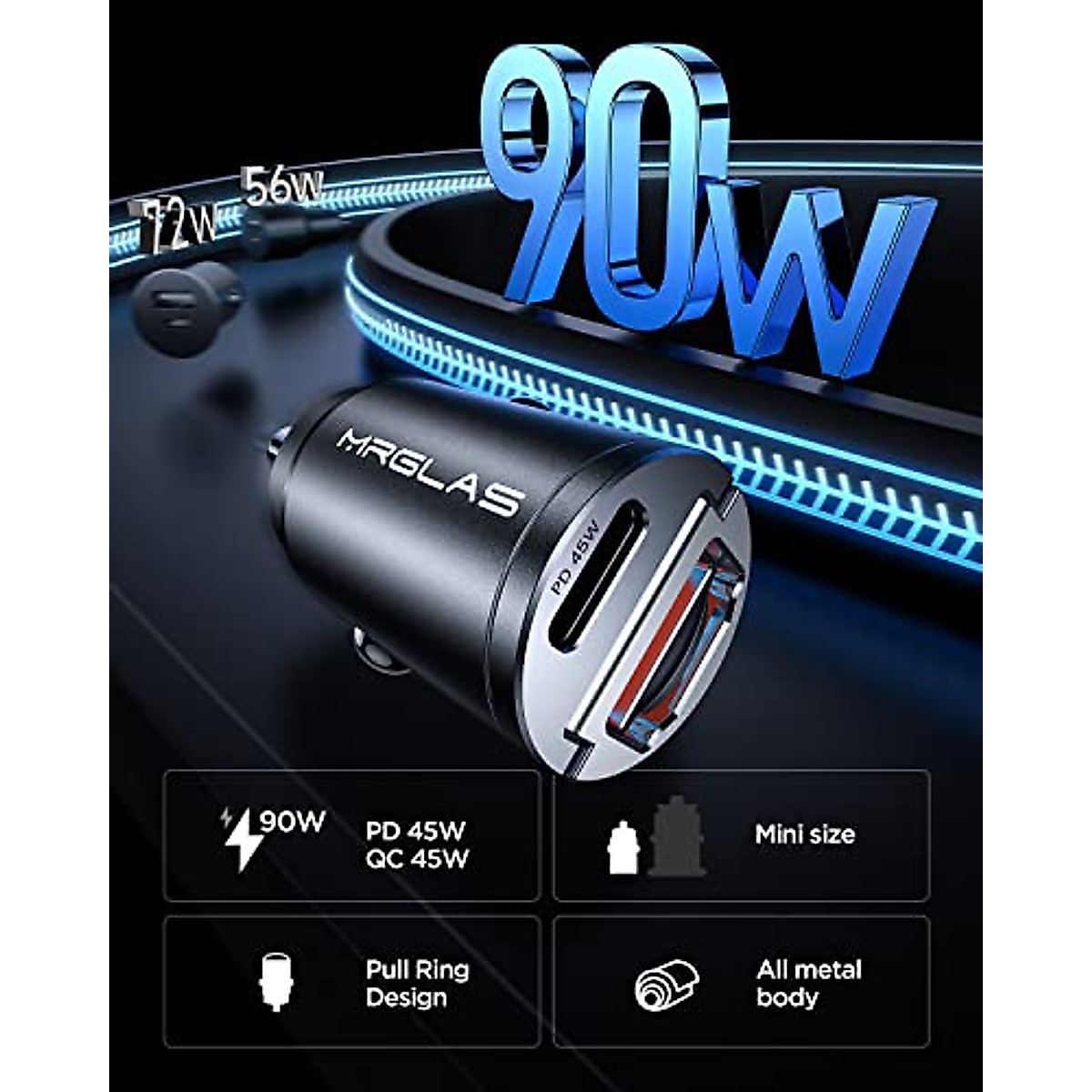 90W USB C Car Charger,[Super Mini Metal] USB C Car Charger Fast Charging Adapter PD+QC3.0 Dual Port MRGLAS Type C Car Cigarette Lighter USB Charger Compatible iPhone 14 13 Pro Max iPad Samsung Macbook