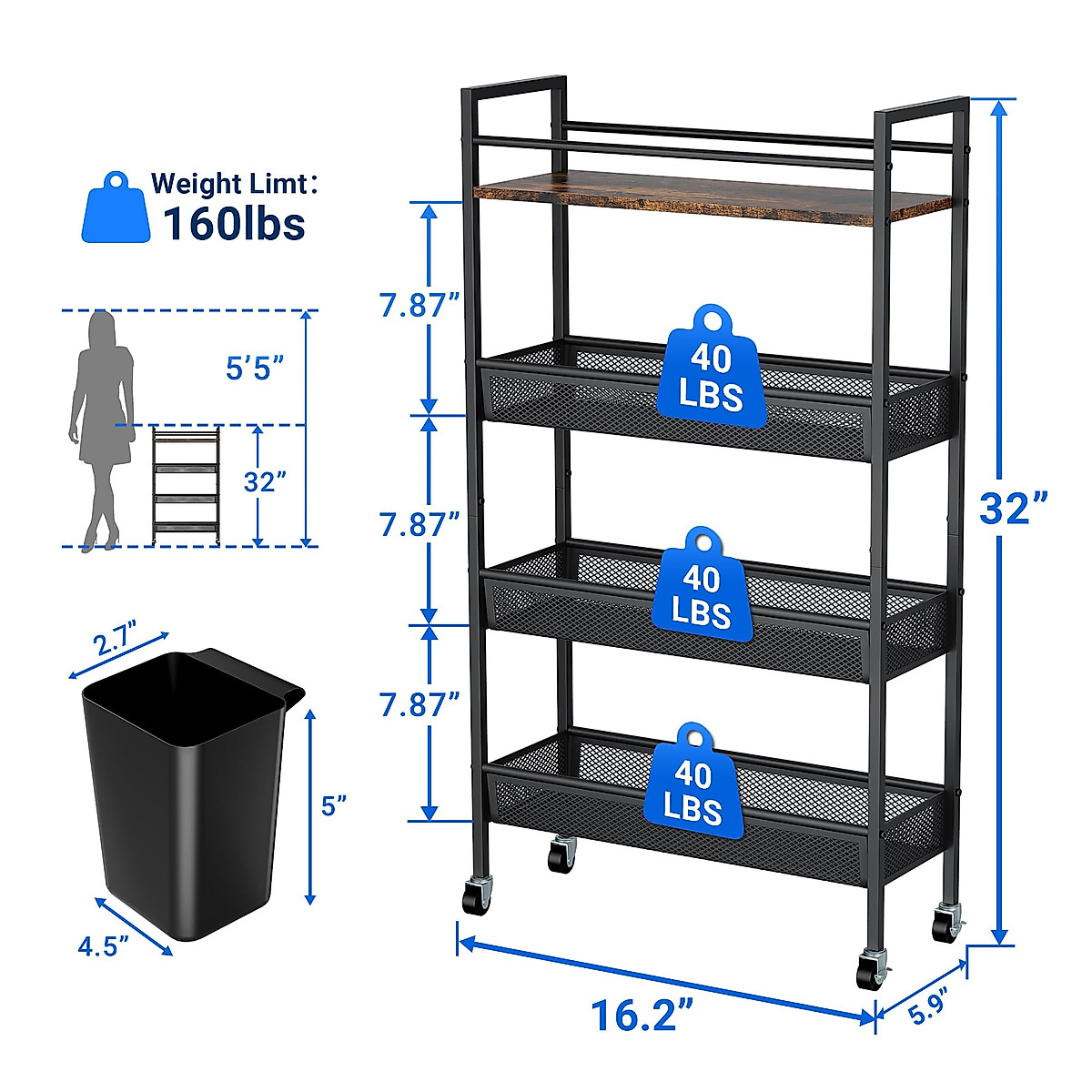 Jsluiiys 4 Tier Slim Storage Cart, 5.9In Slim Kitchen Cart on Wheels for Small Space, Narrow Rolling Cart with Wooden Top Metal Handle and Wire Mesh for Kitchen Bathroom Laundry Room