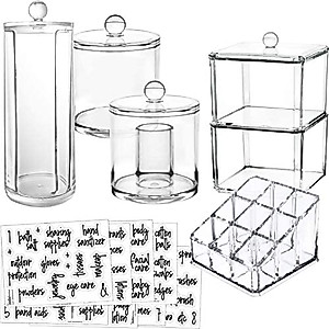 Talented Kitchen 6-Pack Makeup Organizer Premium Quality Acrylic Plastic Containers. Bathroom Beauty Storage Set: 5 Canisters & 107 Printed Labels Organization