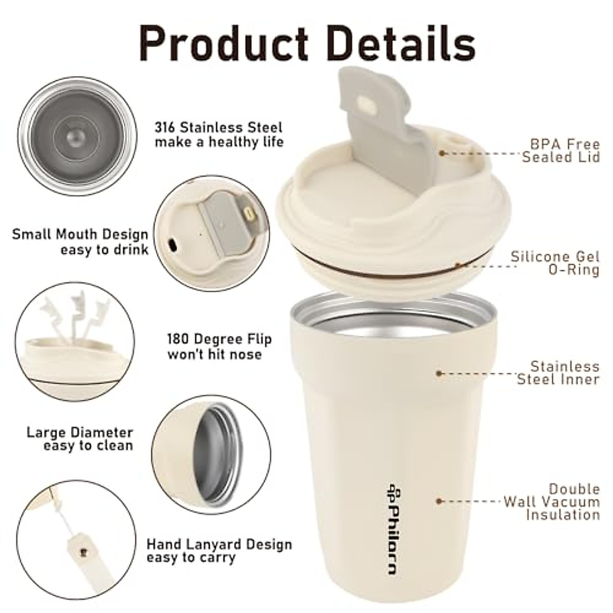 PHILORN Insulated Coffee Mug with Lid, 14 oz Travel Coffee Tumbler Leak Proof Thermal Cup, Stainless Steel Coffee Mug with Double Wall, Reusable Coffee Cup for Hot and Cold Drinks