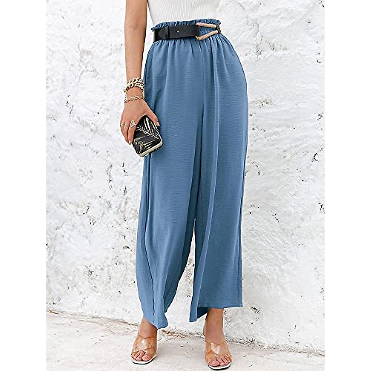 utcoco Women's Wide Leg Pants Elastic High Waisted Palazzo Flowy Pants for Women (XL, Blue Grey)