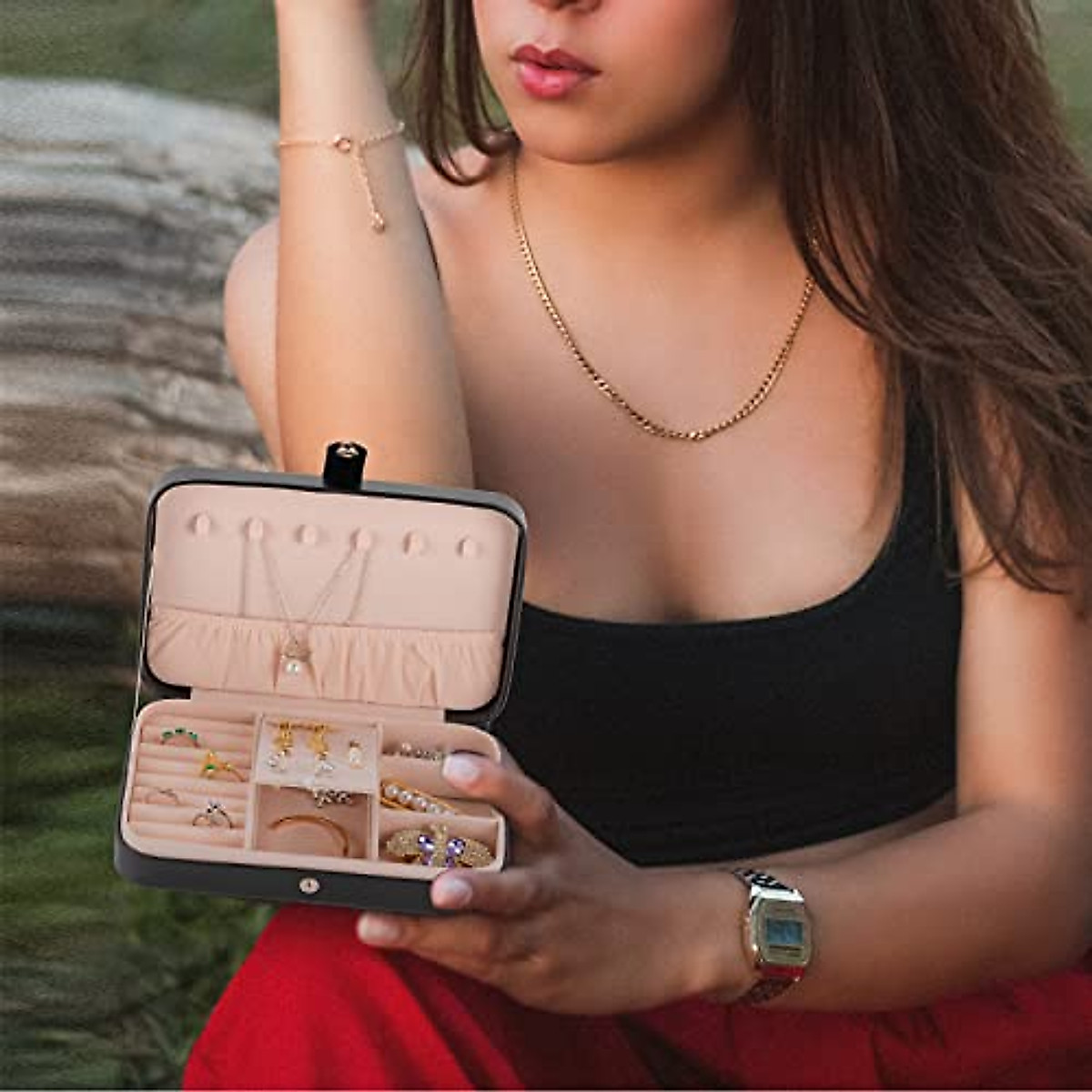Smileshe Jewelry Box for Women Girls, PU Leather Small Travel Organizer Case, Portable Display Storage Holder Boxes for Rings Earrings Necklaces Bracelets