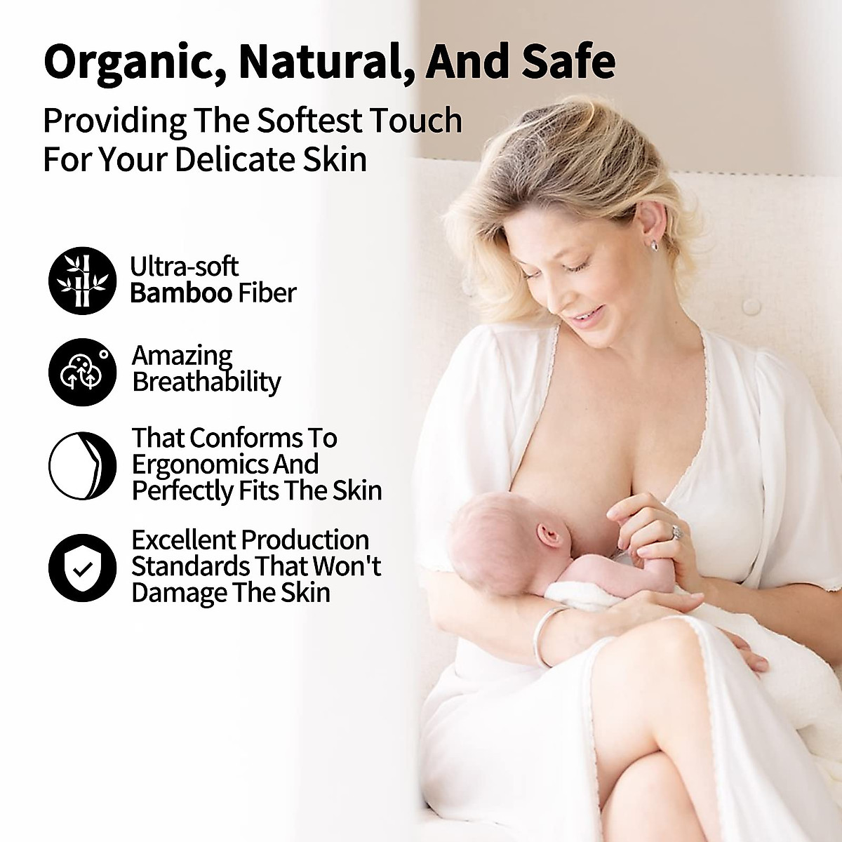 AnAnBaby Organic Bamboo Nursing Breast Pads - 10-Pack Reusable Non-Slip Nipple Pads for Breastfeeding New Moms Postpartum Essentials (5.5inch) with Washing Bags and Handbags（X-Large，White）