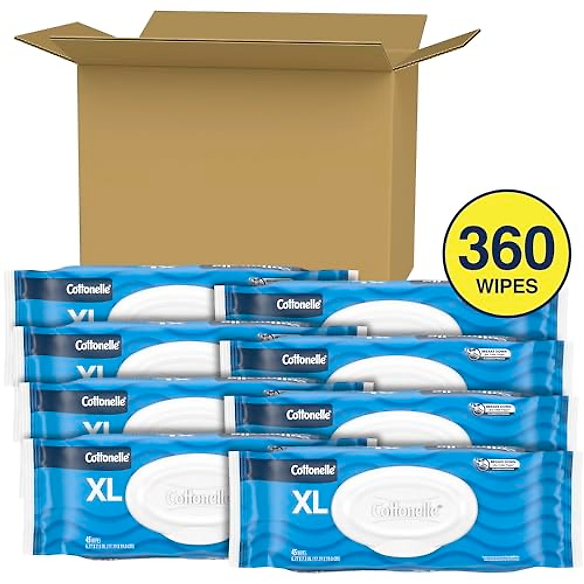 Cottonelle XL Flushable Wet Wipes, Adult Wipes Large, 8 Flip-Top Packs, 45 Wipes Per Pack (360 Total Wipes), Packaging May Vary