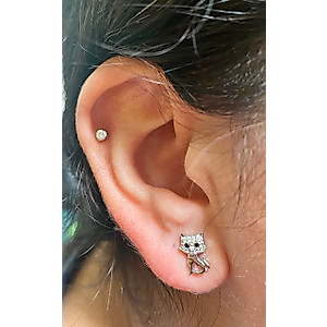 Rhodium Plated Sterling Silver Cubic Zirconia Cat Womens Earrings, Comes Gift Ready, Unique gifts for Women Tiny cartilage earrings Silver Second Tiny Studs for Girls - 9mm