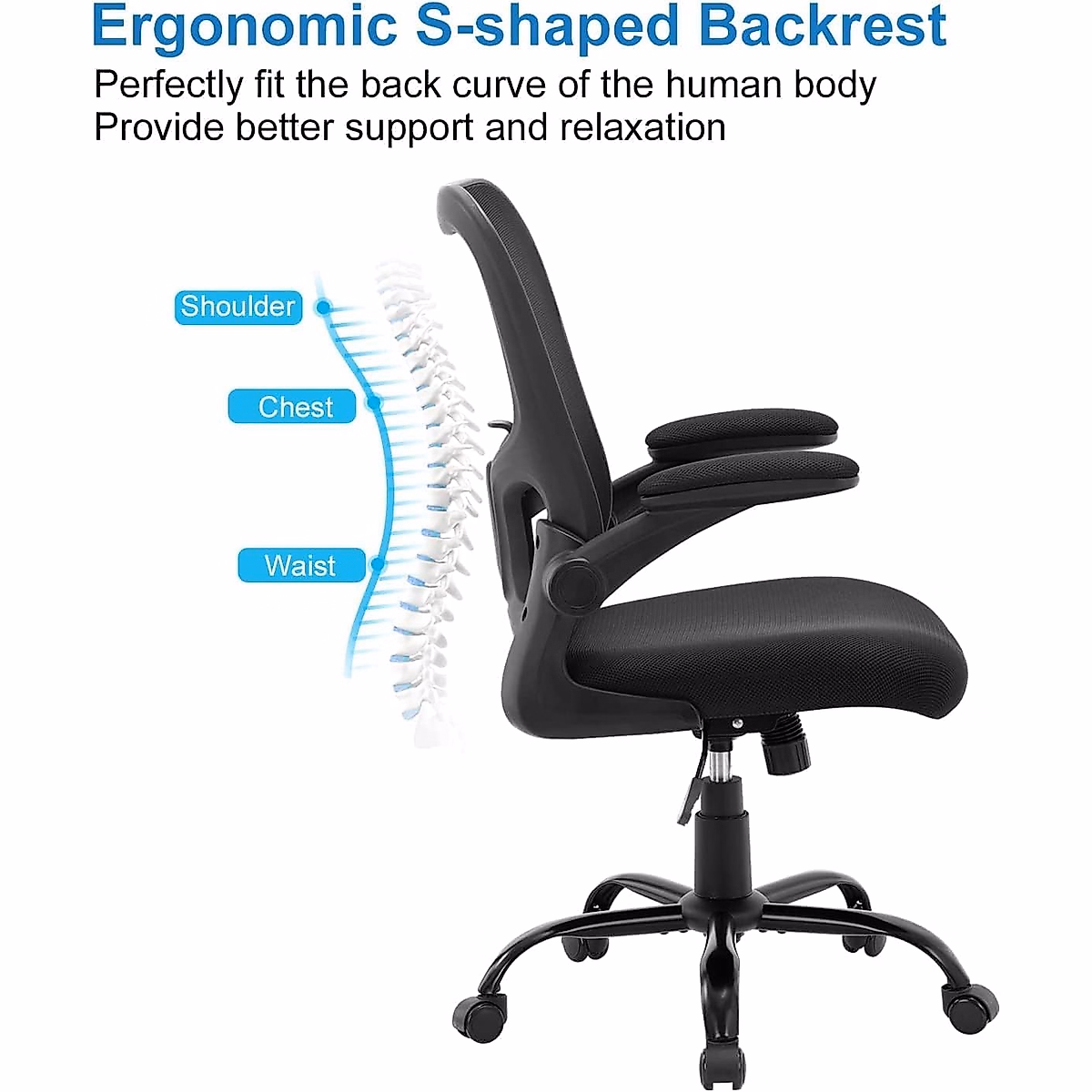 ZLchair Office Chair Ergonomic Desk Chair, Mesh Computer Home Office Desk Chairs with Adjustable Lumbar Support and Flip-up Armrests, Swivel Comfy Task Executive Chair, Black