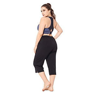 ZERDOCEAN Women's Plus Size Active Yoga Lounge Indoor Jersey Capri Walking Crop Pants with Pockets Drawstring Black 4X