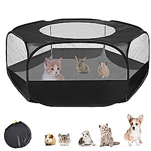 Linifar Small Animals Playpen, Portable Pet Tent Fence with Zippered Cover Outdoor/Indoor Exercise Anti Escape Yard Fence for Puppy Kitten Rabbit Bunny Hamster Rat Guinea Pig Hedgehog Ferret (Black)