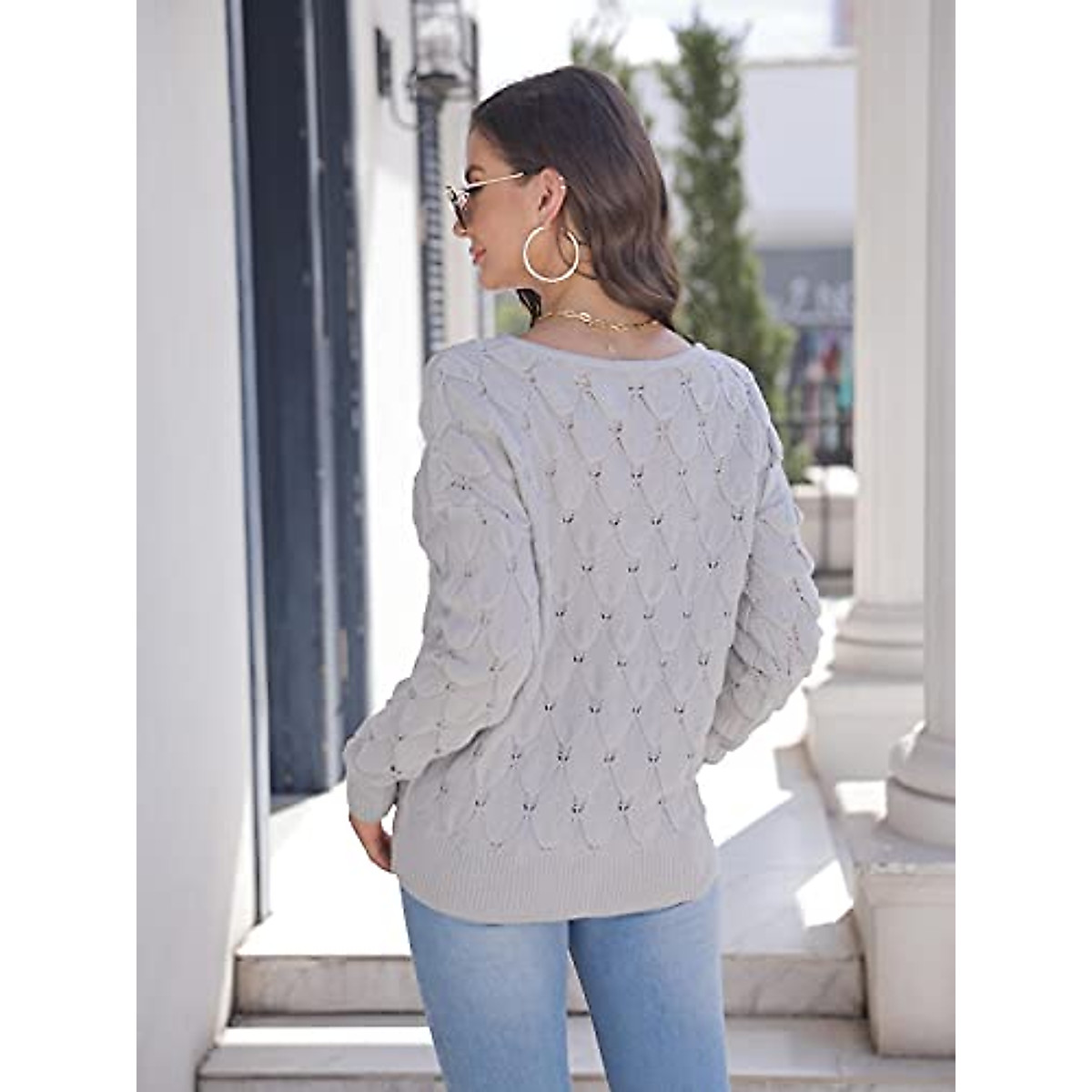 Yousify Women Lace V Neck Long Sleeve Pullover Sweaters Lightweight Knit Solid Color Novelty Jumper Tops