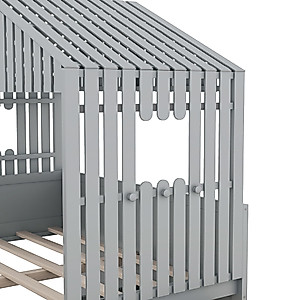 LostCat Full Bed with Storage, Full Size House Low Loft Bed with 4 Drawers, Wooden Platform Bed Frame with Stairs & Guardrail for Kids Teens Adults, No Box Spring Needed, White