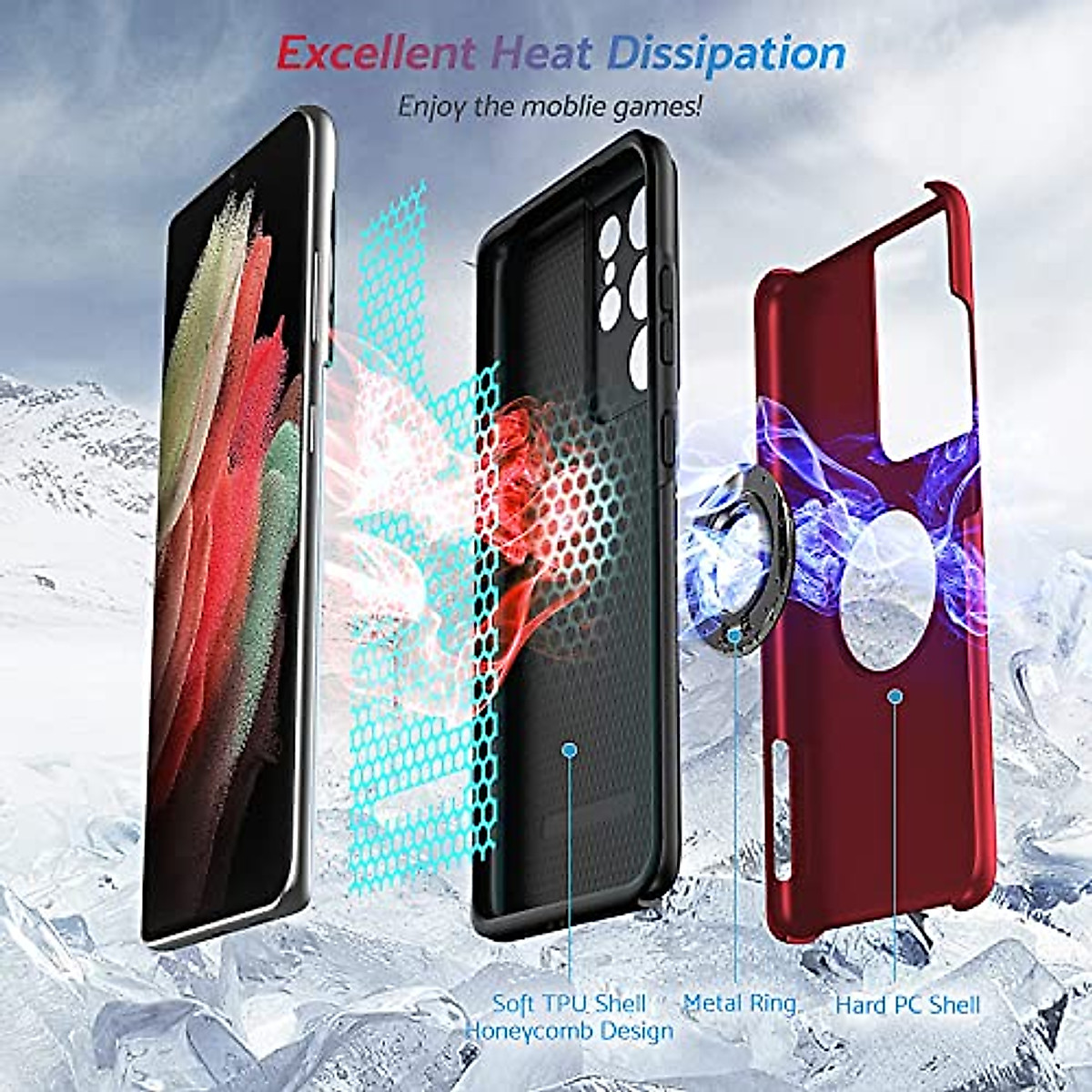 Anqrp Shockproof for Galaxy S21 Ultra Case 5G, [Heat Dissipation] [No Fall-Off Kickstand] 360°Metal Ring Military Grade Protection Phone Case with Samsung Galaxy S21 Ultra 6.8 Inch, Red