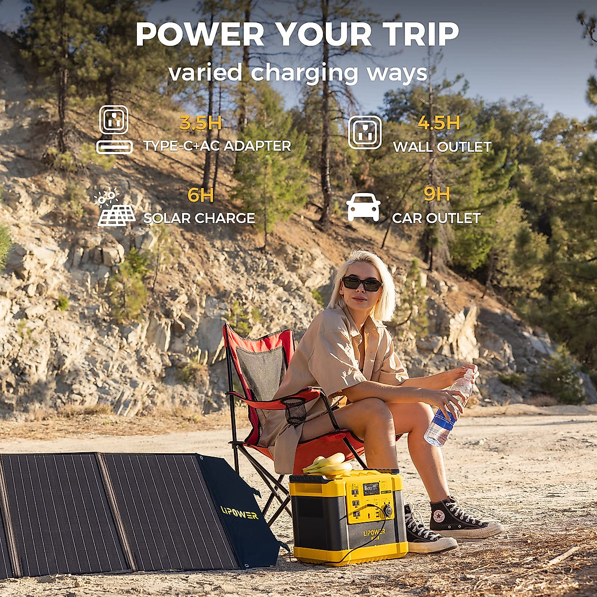 LIPOWER Portable Power Station, 1200W Solar Generator LiFePO4 Battery G1000L1120Wh with AC Outlets Emergency Power for Camping, RV, Outdoor