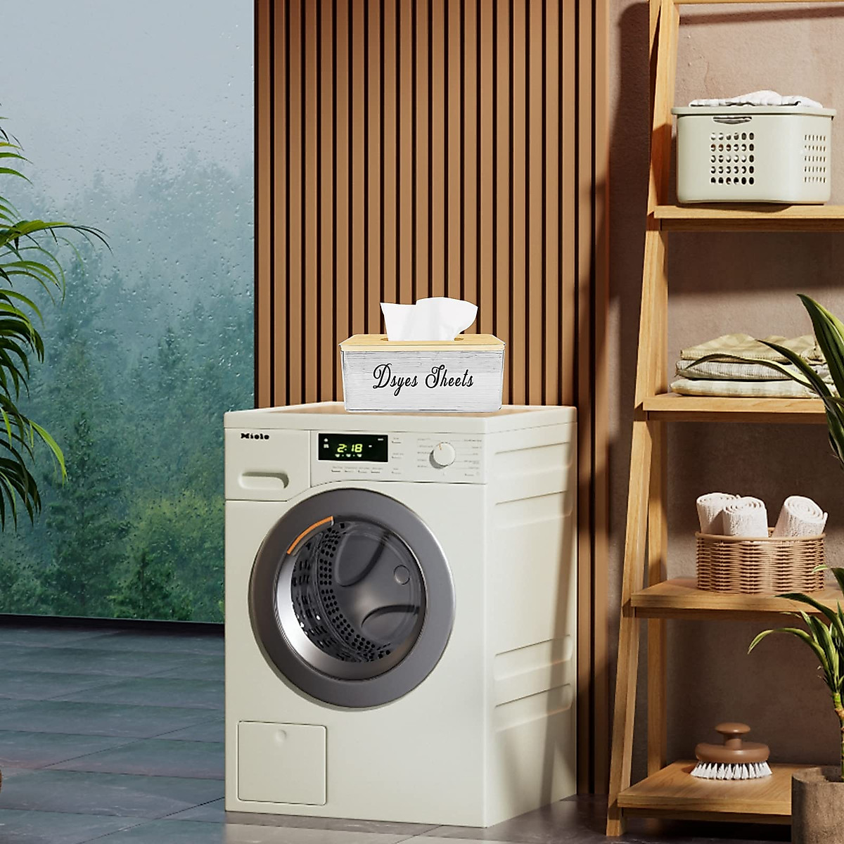 Chris.W Bamboo Dryer Sheet Holder Dispenser, Clear Fabric Softener Sheets Holder, Clear Washer Dryer Sheets Container Storage Box with Lid for Laundry Room Decor & Organization, Large Capacity Storage