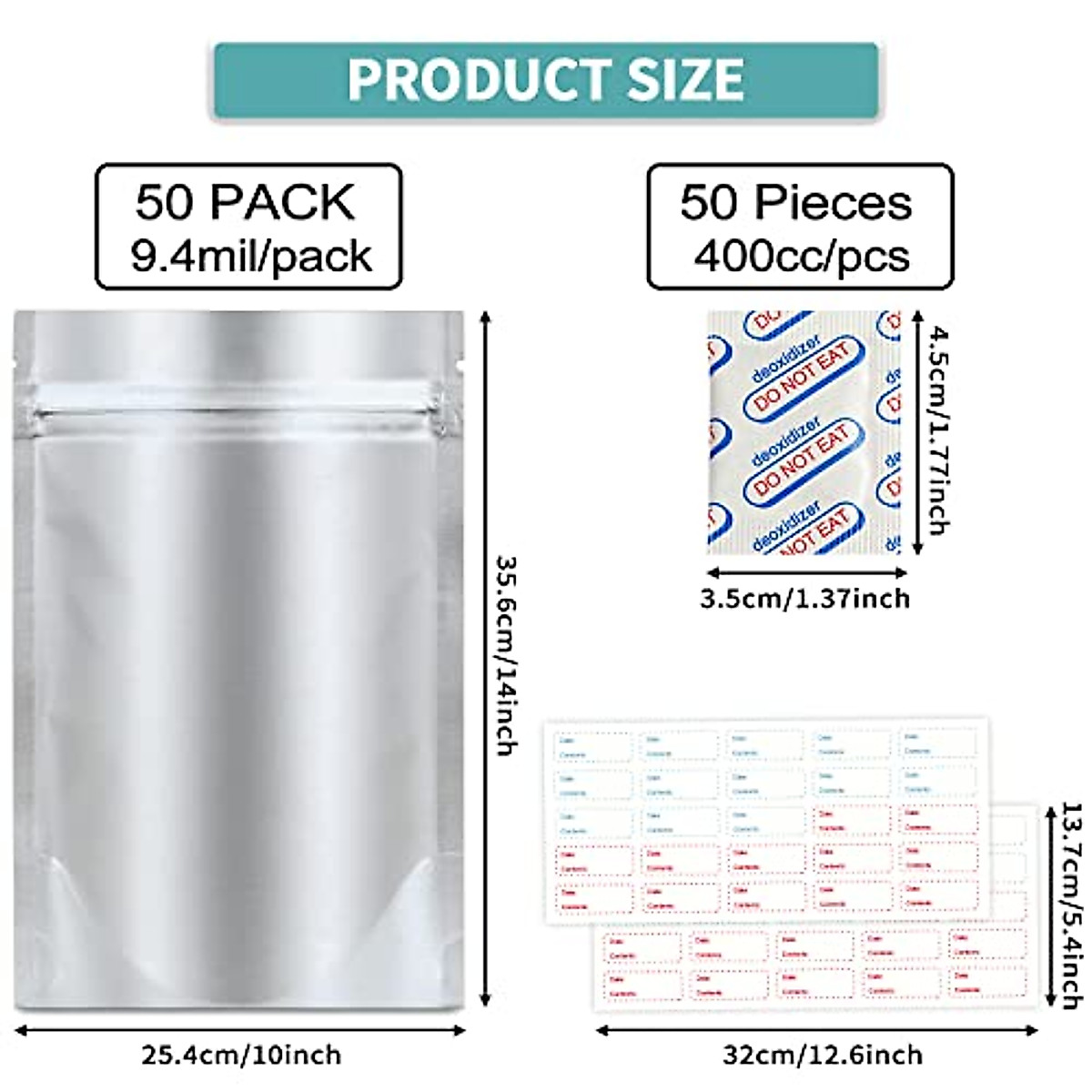 MUACL 50 Mylar Bags for Food Storage-10"x14" Extra Thick mylar bags with 50pcs*400cc Oxygen Absorbers and Label Stickers ,for Wheat, Rice, Legumes Meat Long Term Food Storage Home Organization