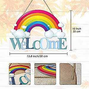 Rainbow Wooden Welcome Sign - Rainbow Cloud Cute Nursery Hanging Signs Welcome Wall Art Plaque(14"x5.2") Inspiring Hanging Sign Decor for Baby Room, Playing Room, Porch, Front Door, Wreath, Kitchen, School, Daycare