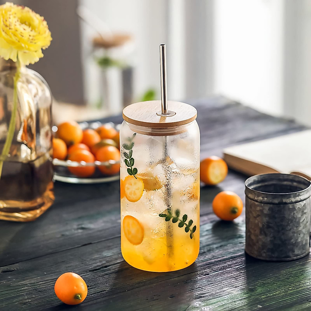 WUWEOT 6 Pack Sublimation Glass Cans, 18 Oz Frosted Sublimation Blanks, Reusable Wide Mouth Mason Jar Tumbler Cups, Beer Can Shaped Glass with Straw and Brush for Iced Coffee, Juice, Soda