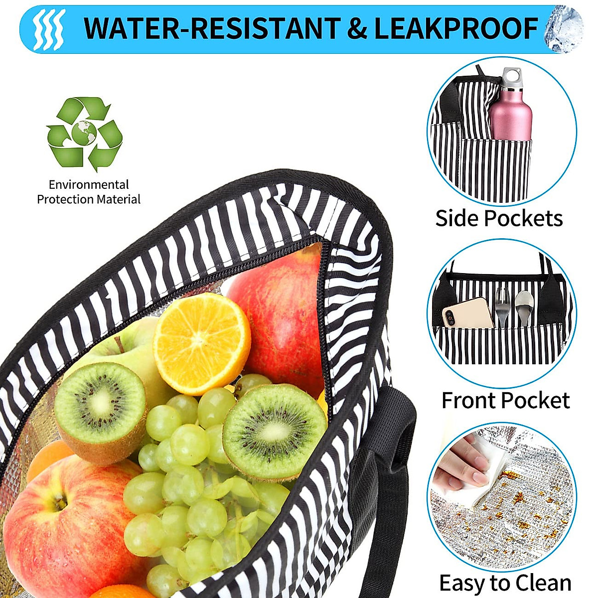 Lunch Bag for Women, ChaseChic Insulated Thermal Lunch Tote Bag Large Lunch Box Container for Adults with Adjustable Shoulder Strap, Reusable Lunch Cooler Bag for Office Work Picnic, Stripe