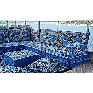 Blue Premium Arabic Seating, Handmade Floor Couches, Sectional Sofas, Turkish Floor Sofas, Moroccan Livingroom Sofas, Arabic Majlis, Sofa Slipcovers, Living Room Furniture (L Sofa Full Set)