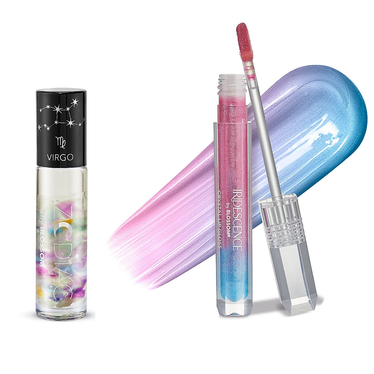 Blossom Iridescence Watermelon Flavored, Longlasting High Gloss, Glitter Shimmer Crystal Lip Gloss + Zodiac Sign Vanilla Scented Roll On Lip Gloss with Crystals, 2 Pack Bundle, Tourmaline Dream/Virgo