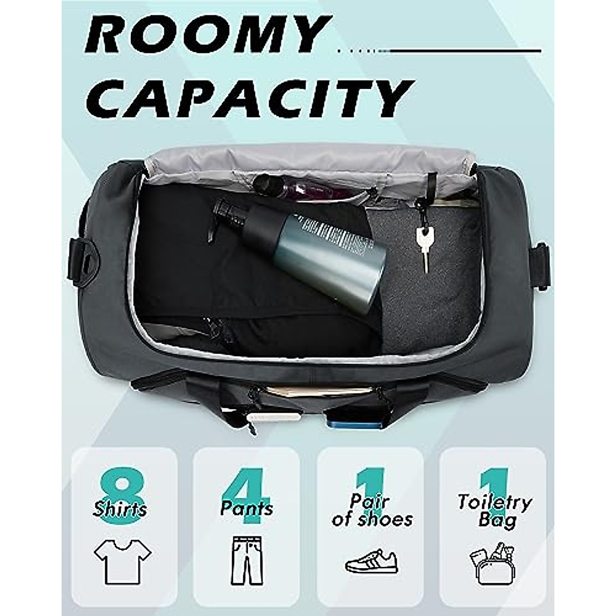 Gym Bag for Men Women, Sports Travel Duffel Bag with Shoes Compartment & Wet Pocket, Waterproof Gym Duffle Bag Weekender Overnight Bag for Travel Fitness Workout Swim Yoga, Light Black