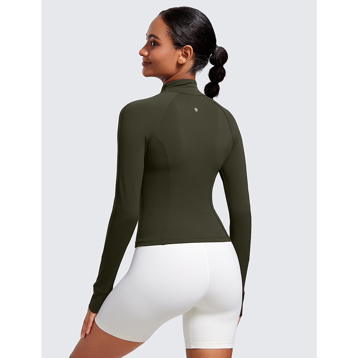 CRZ YOGA Butterluxe Womens Cropped Slim Fit Workout Jackets - Weightless Track Athletic Full Zip Jacket with Thumb Holes Olive Green Medium