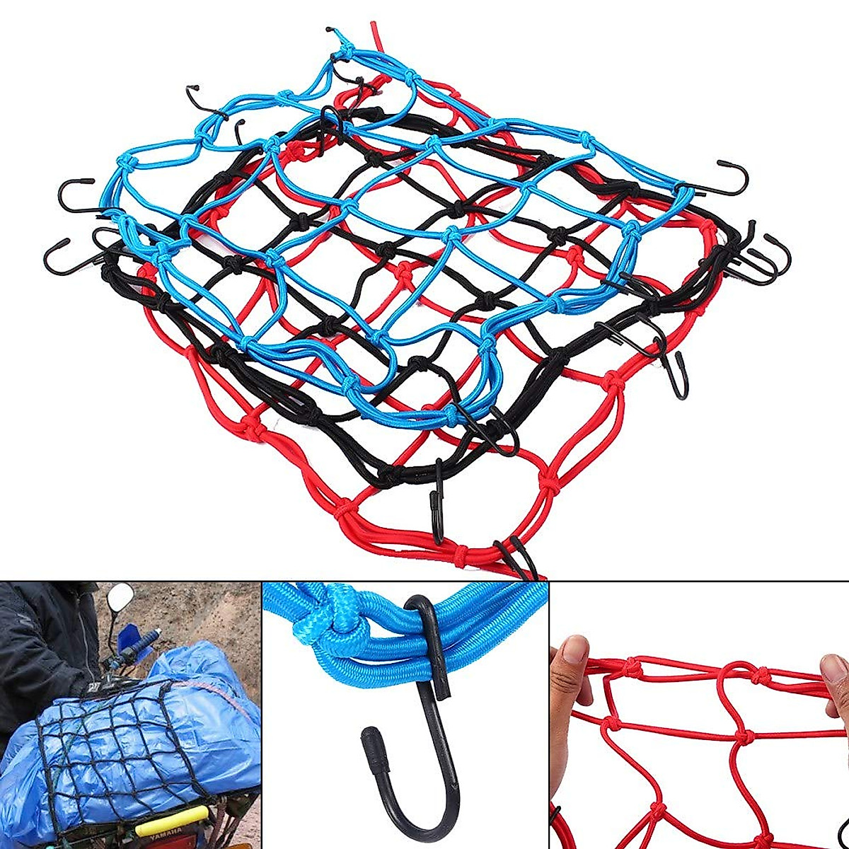 Cargo Net, 30x30cm Motorcycle 6 Adjustable Plastic Hook Hold Down Cargo Web Bungee Cord Packing Mesh Net Gear Luggage Netting with Small Mesh(Black)