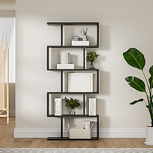 DIYART Black 5-Tier Geometric Bookcase, S-Shaped Modern Bookshelf Set of 2, 62.6" Tall Room Divider Book Shelf, Decorative Display Shelf