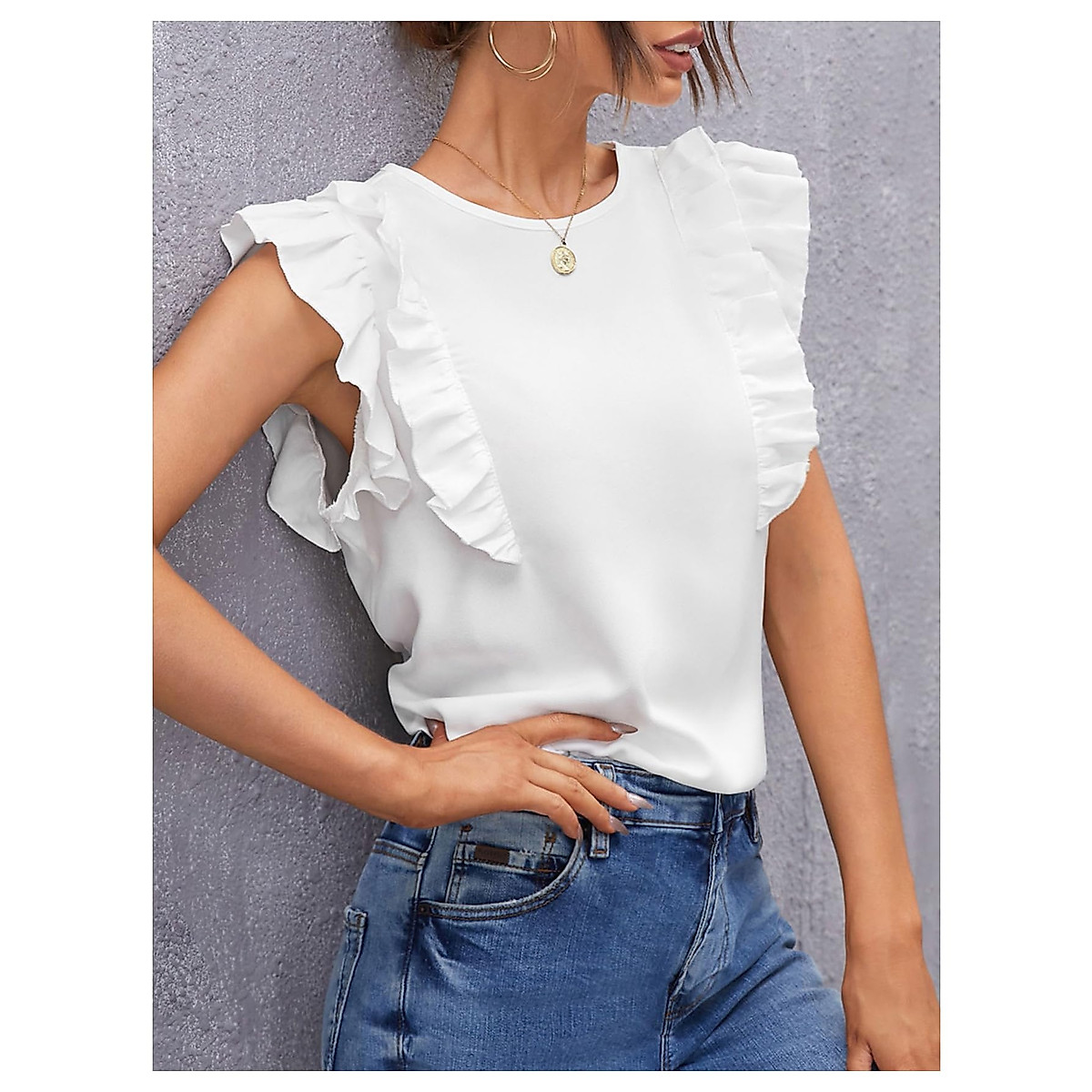 Milumia Women Elegant Ruffle Trim Butterfly Sleeve Blouse Round Neck Work Shirt Top White Large