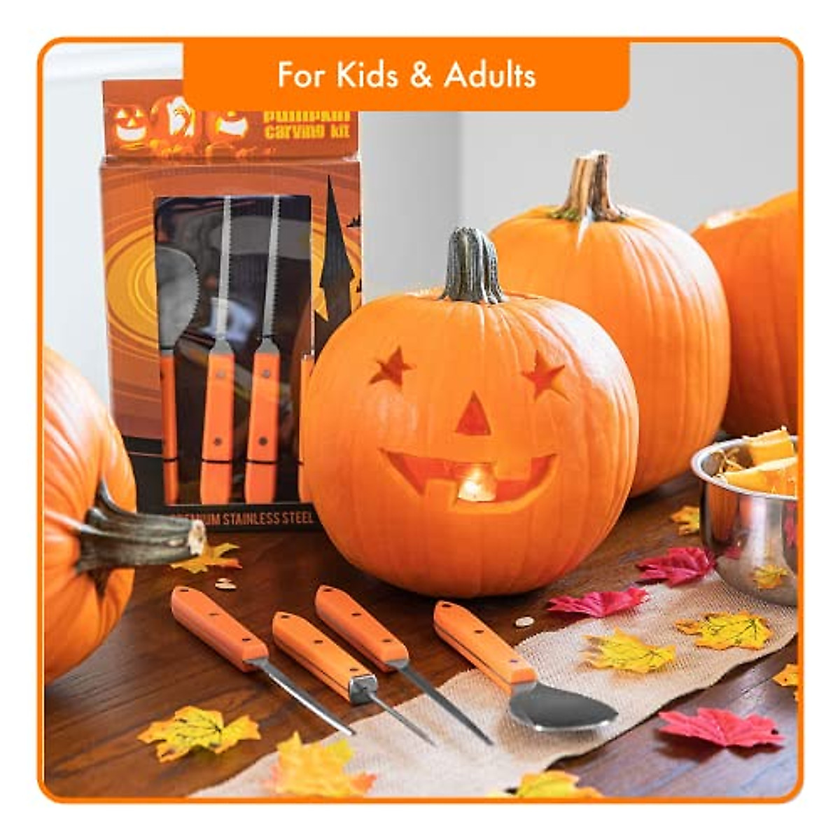 Halloween Professional Pumpkin Carving Kit - Extra Large Stainless Steel Tools (4 Pieces) - Pumpkin Carver for Adults & Kids, Pumpkin Sculpting Set, Halloween Party Decorating