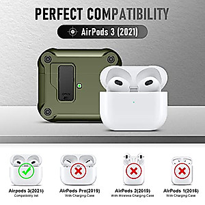 Valkit for Apple Airpods 3rd Generation Case Cover with Lock Cool AirPod 3 Case with Keychain for Men Women Military Hard Shell Rugged Shockproof Air Pod 3 Case for AirPod 3rd Gen Case 2021, ArmyGreen