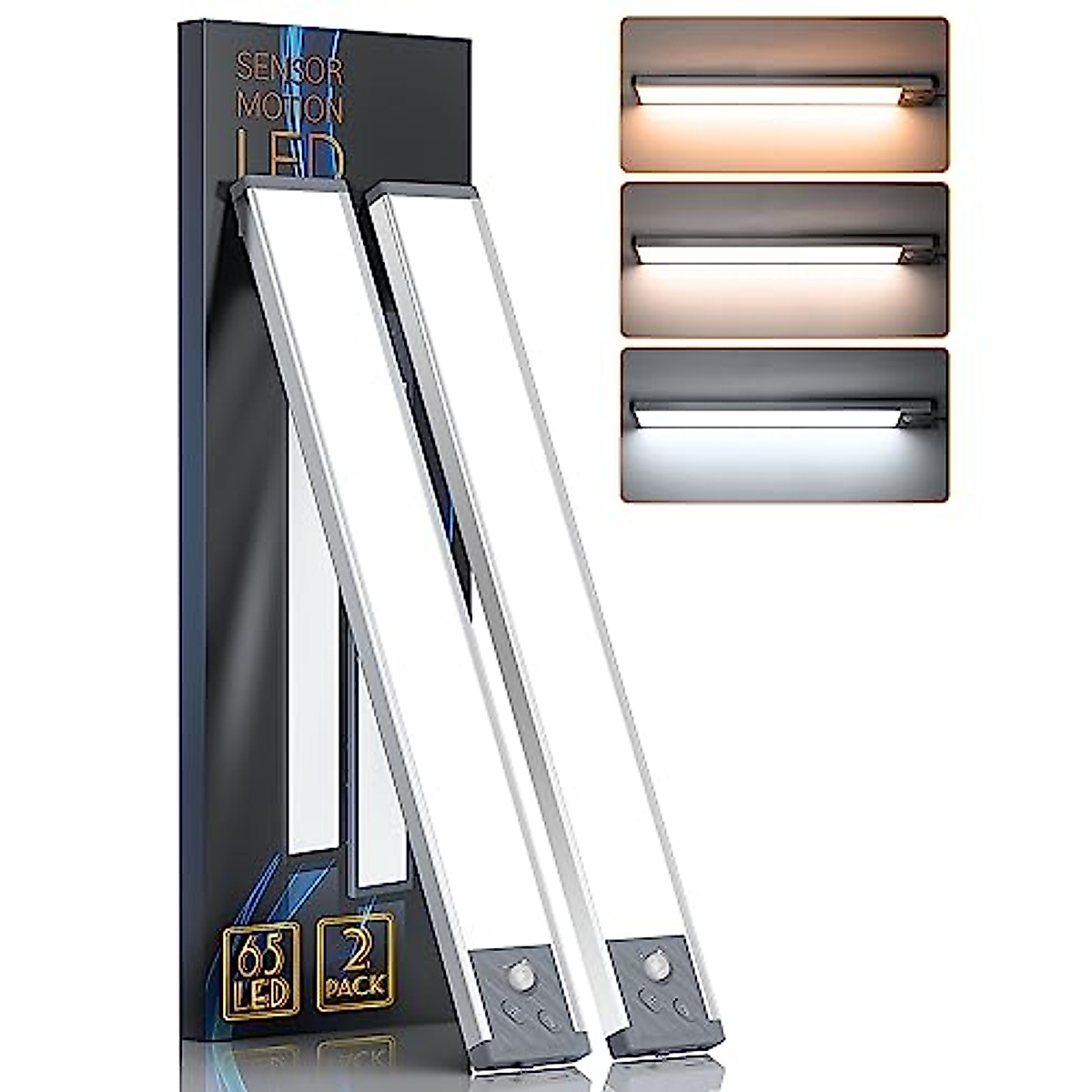 65 LED Under Cabinet Lights 2 Packs, 3 Color Temperatures Dimmable Motion Sensor Closet Lights, 2500mAh Rechargeable Under Counter Lights, Wireless Night Lights for Drawer, Wardrobe, Kitchen, Hallway