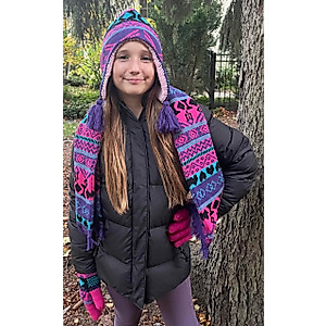 N'Ice Caps Kids Hat Glove Scarf Girls Winter Knit Accessory Set Warm Sherpa Lined 3 Piece (8-12 Years, purple/turq/fuchsia/black)